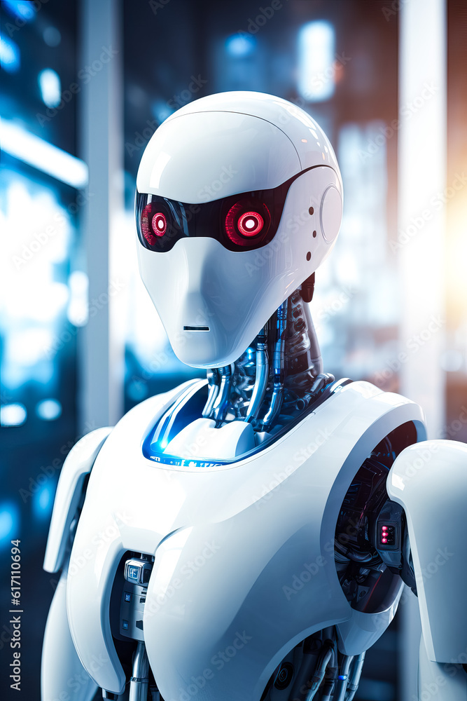 Generative AI illustration of modern curved body robot and bright red ...