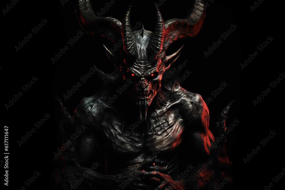 Black Demon with horns and red fire eyes. Fantasy monster. Head of The ...