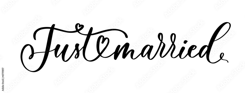 JUST MARRIED hand lettering, vector illustration. Hand drawn lettering ...