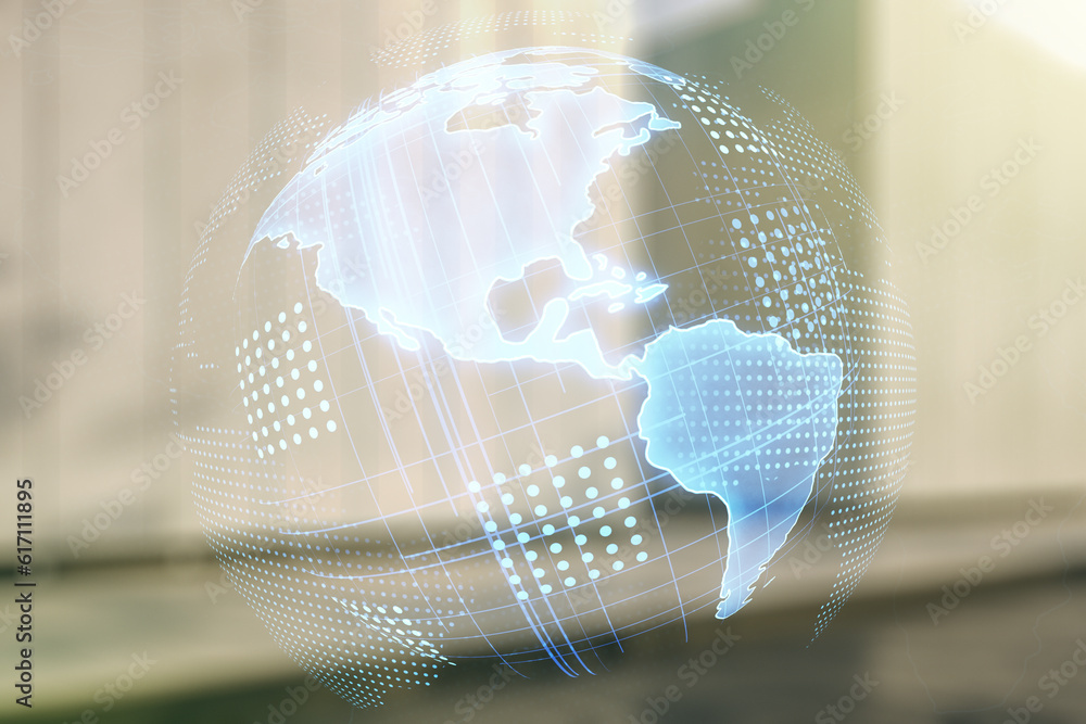 Virtual digital map of North America on blurry modern office building ...