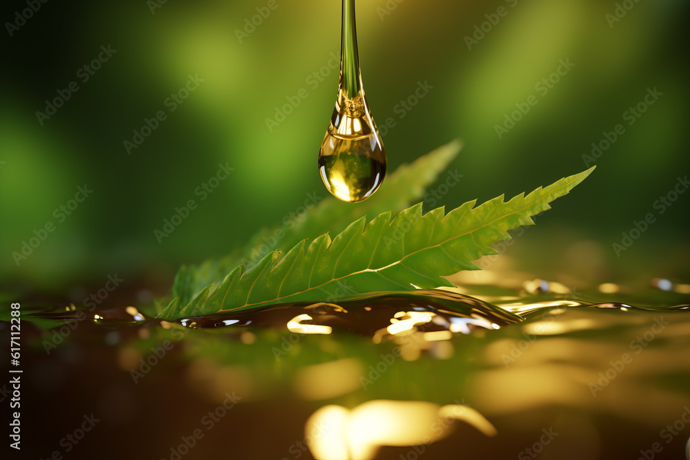 Cannabis oil drop fall on cannabis leaf for treatment broth, tincture ...