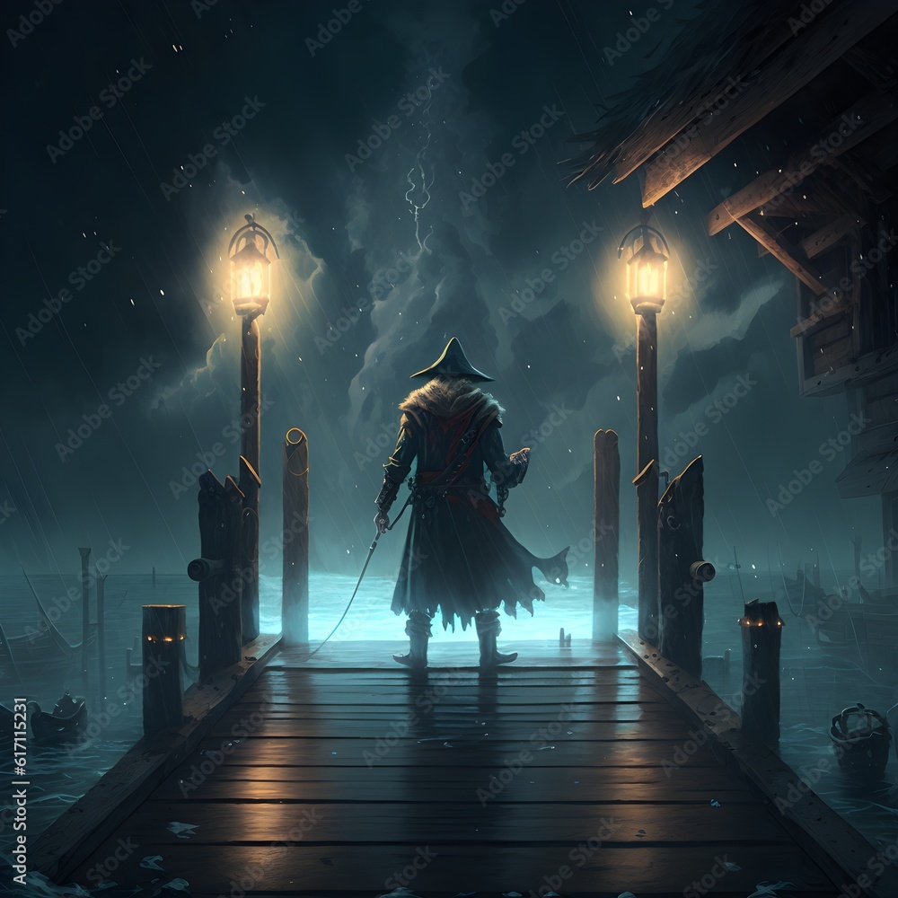 wizard stands at the end of a dock while it rains night time dark his ...