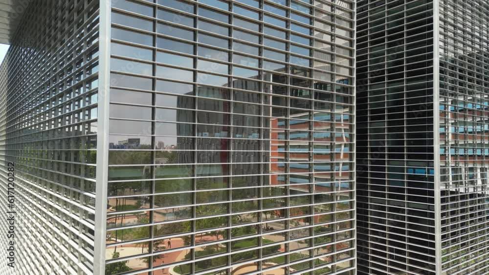 Bottom view of office building window close up, reflection and ...