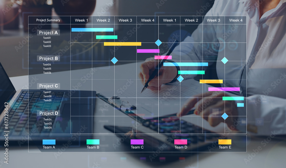 Project manager working on laptop and updating tasks and milestones ...