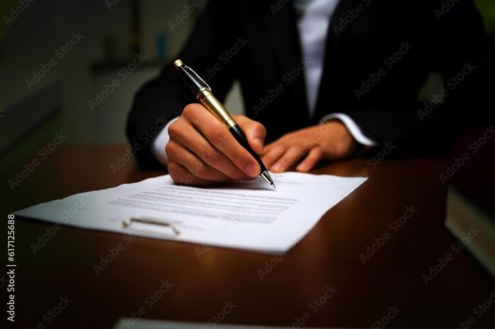 Signing paper. Illustrative Generative AI. Not a real person. Stock ...