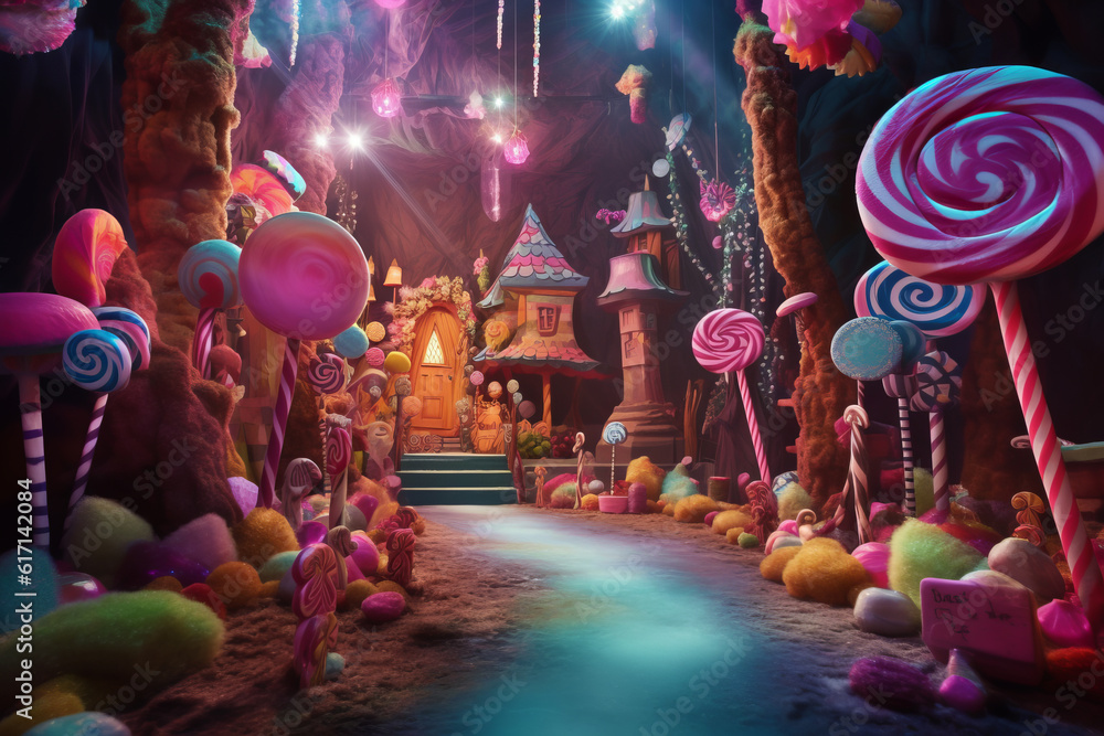 Candy town, lollipop trees. Sweets background. Child Birthday party ...