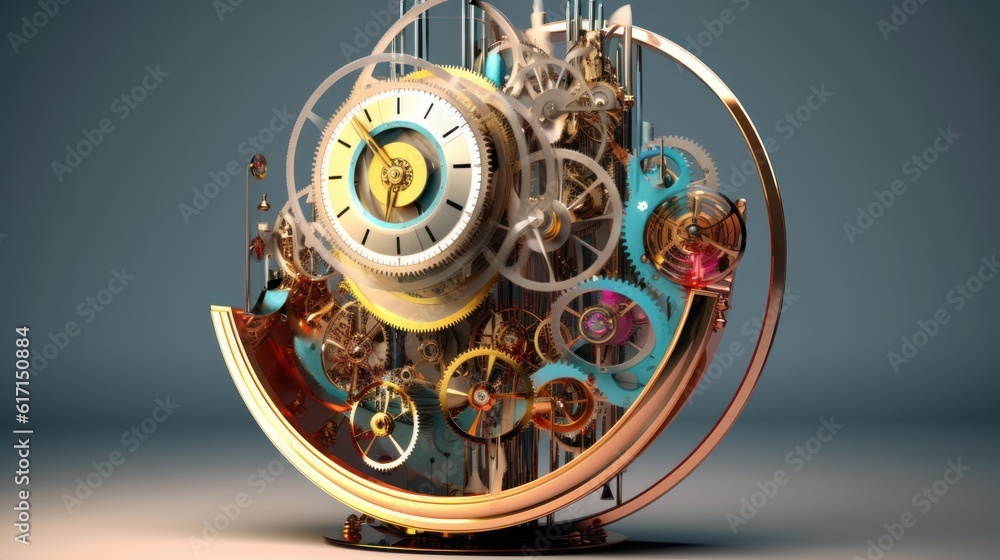 A surrealist clock design in which the gears and springs inside a clock ...