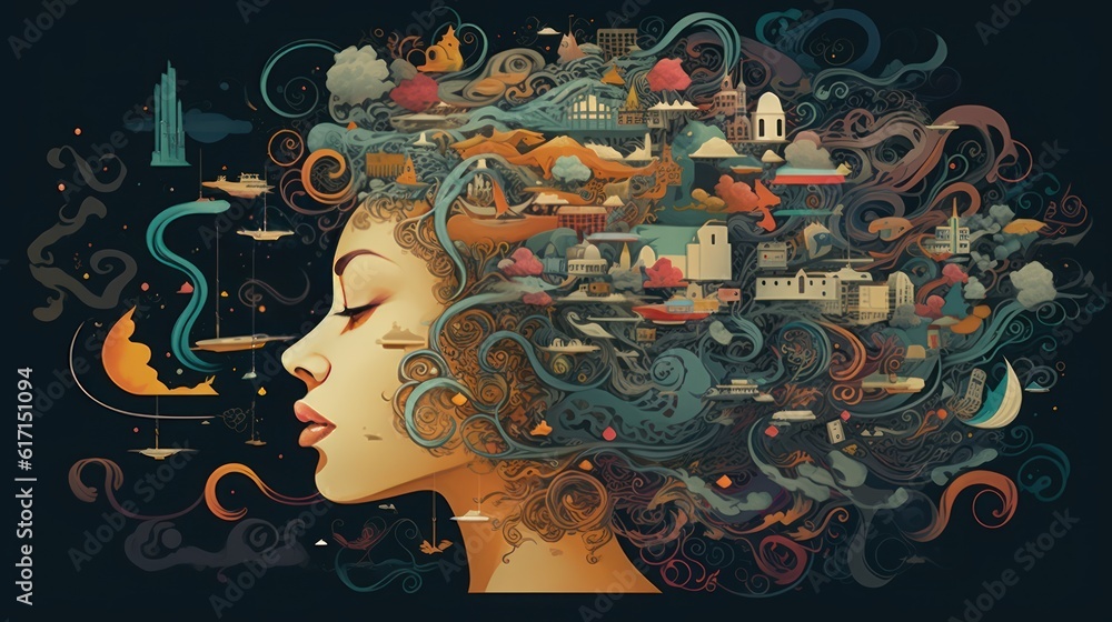 A surrealist portrait with intricate lines and symbols floating in a ...