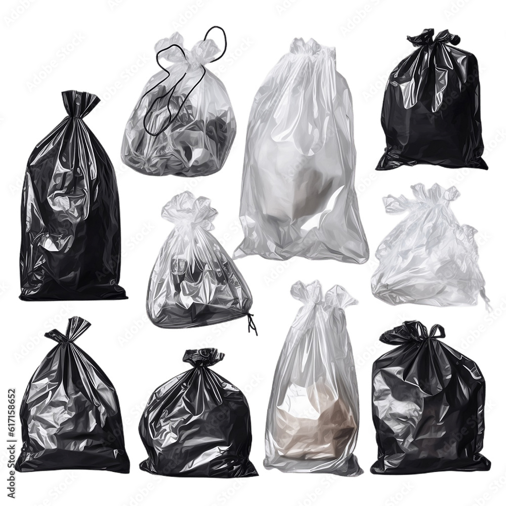 Garbage bags of different sizes black and white on a white background ...