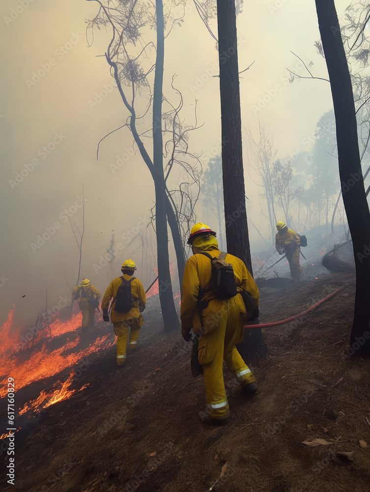 Uniformed firefighters put out fire on the sloping area. Firemen ...