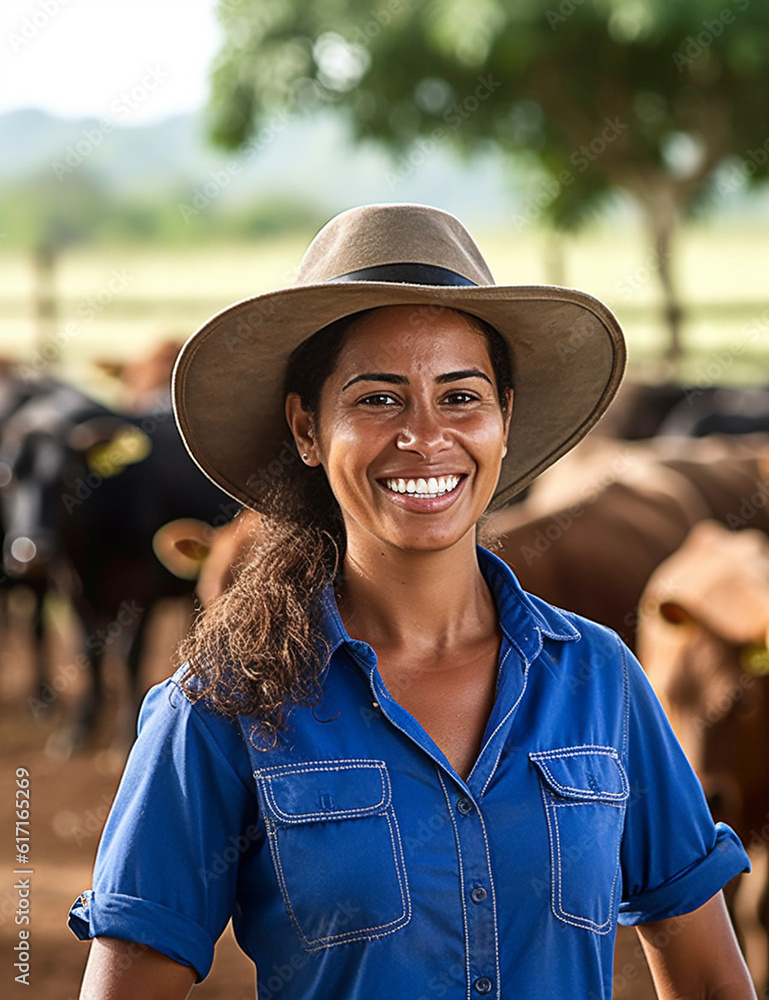 Brazilian woman smiling, cattle farmer, is standing in front of her ...