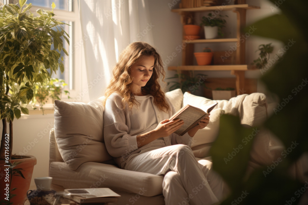 Person reading a book in a modern livingroom ai generated Stock ...
