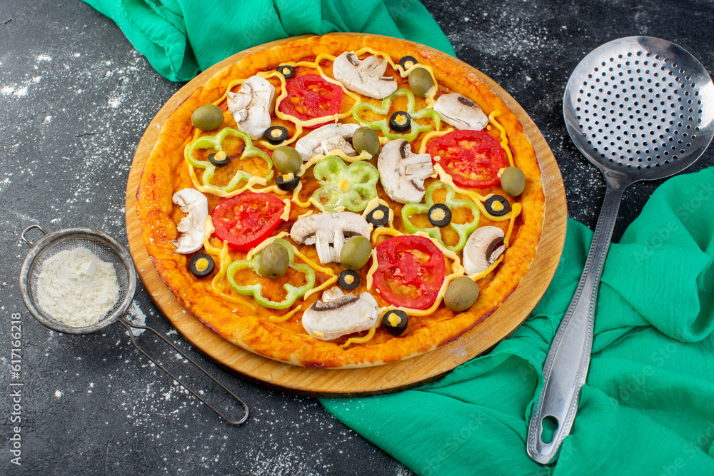 top view mushroom pizza with tomatoes olives mushrooms all sliced ...