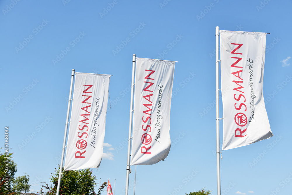 Berlin, Germany - June 5, 2023: Flags with the logo of Rossmann in ...