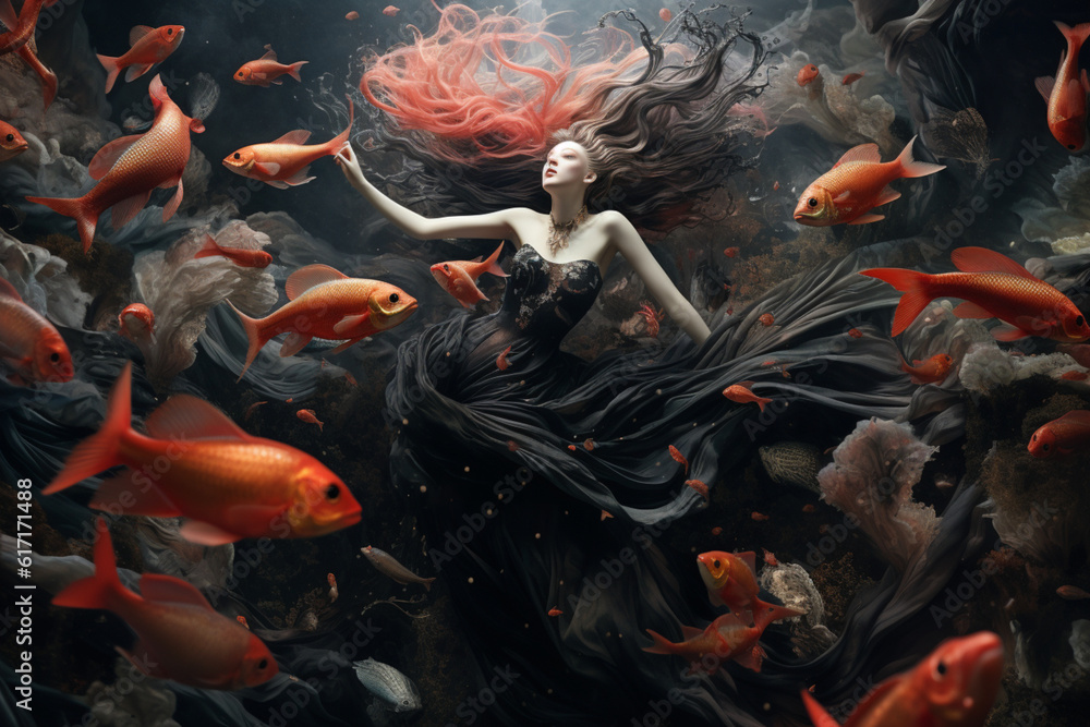 Fantasy creatures swimming and dancing under the water, alien monsters ...