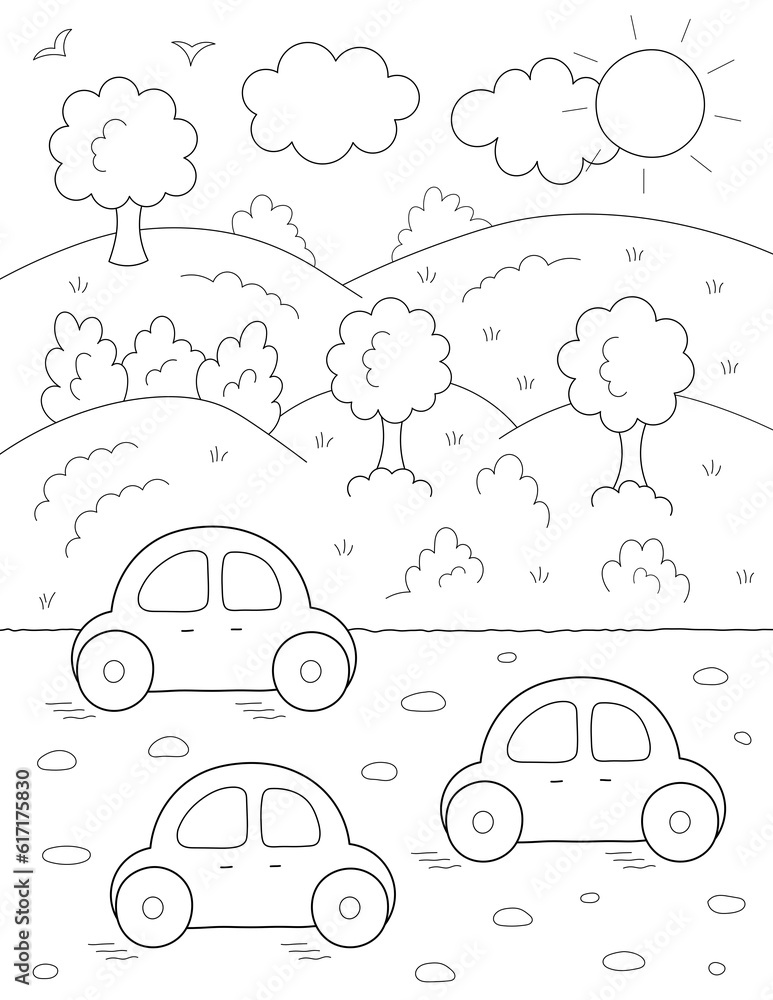 cars on street and nature, coloring page for kids. you can print it on ...