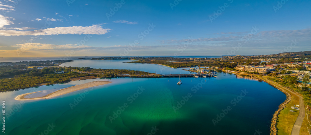 Aerial views over Swansea, a town at the entrance to Lake Macquarie in ...