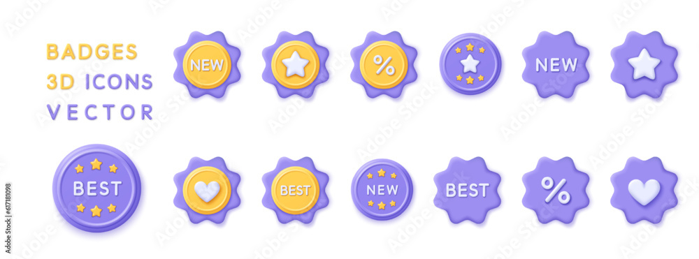 3d set badge or medal icons. Render badge for discount concept, sale ...