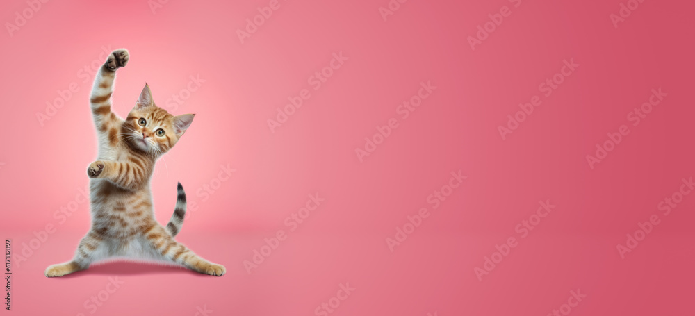 Cat or kitten exercising, flexing paws in the air like yoga pose. Funny ...