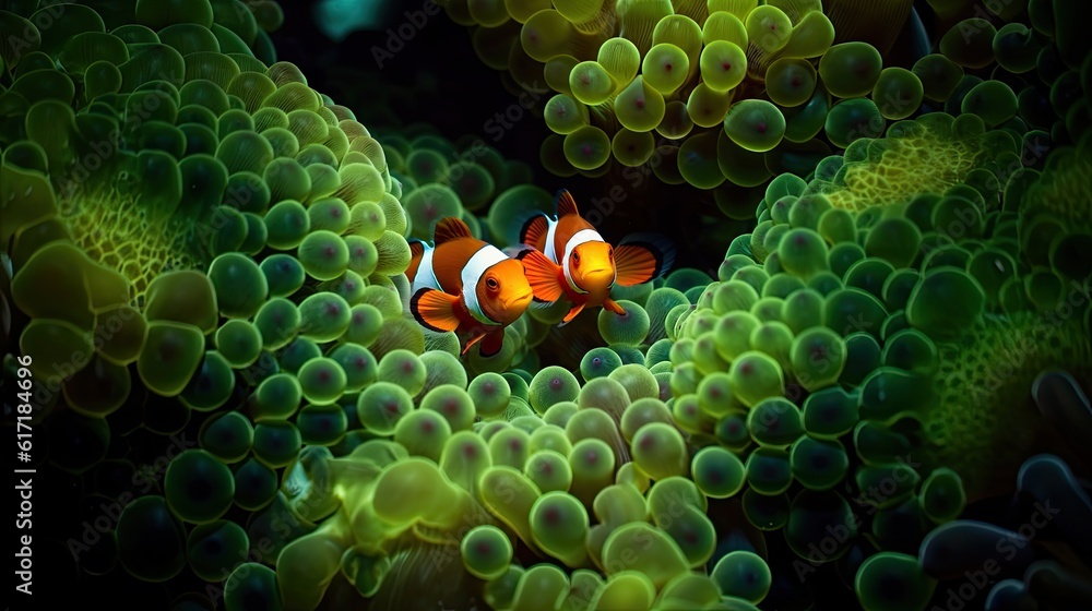 Two Clown Fish Concealed Amidst Lush Green Algae. Gen AI Stock ...