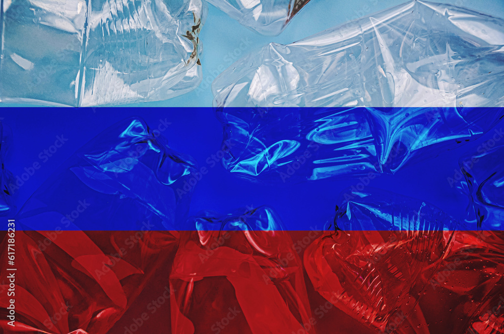 Russia flag is shown on the plastic bottles. Ecology concept with ...