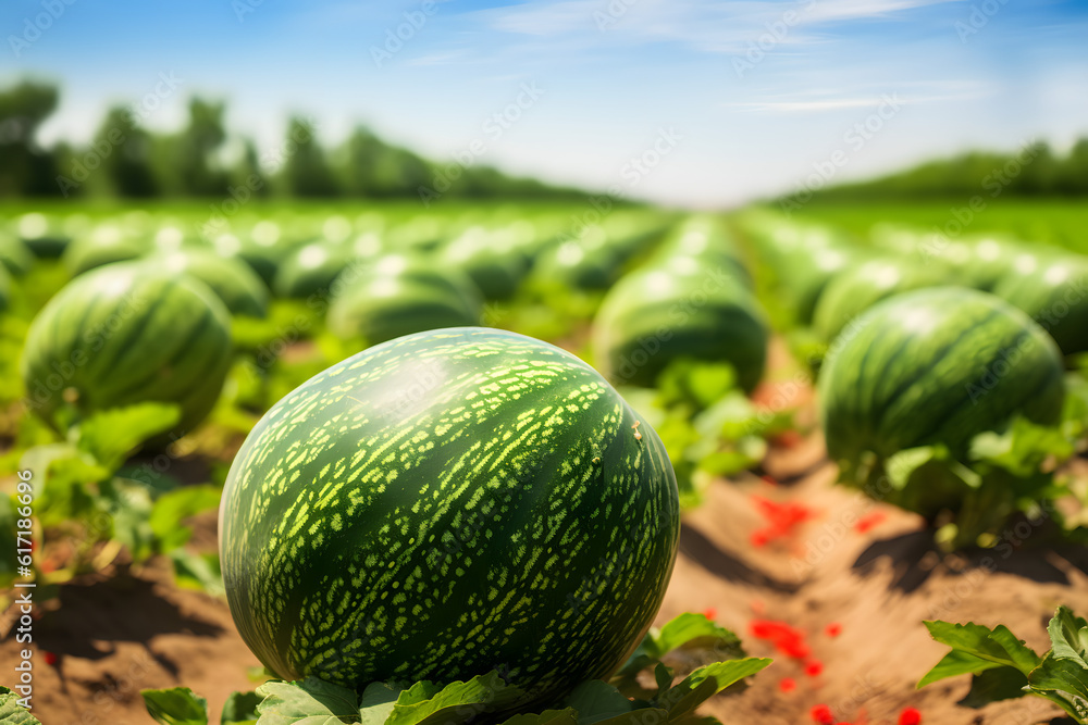 Mature big watermelons in the watermelon field, background blurry Stock ...