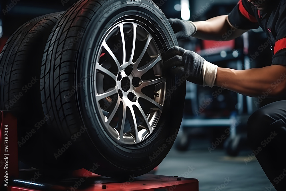 tire at repairing service garage background. Technician man replacing ...
