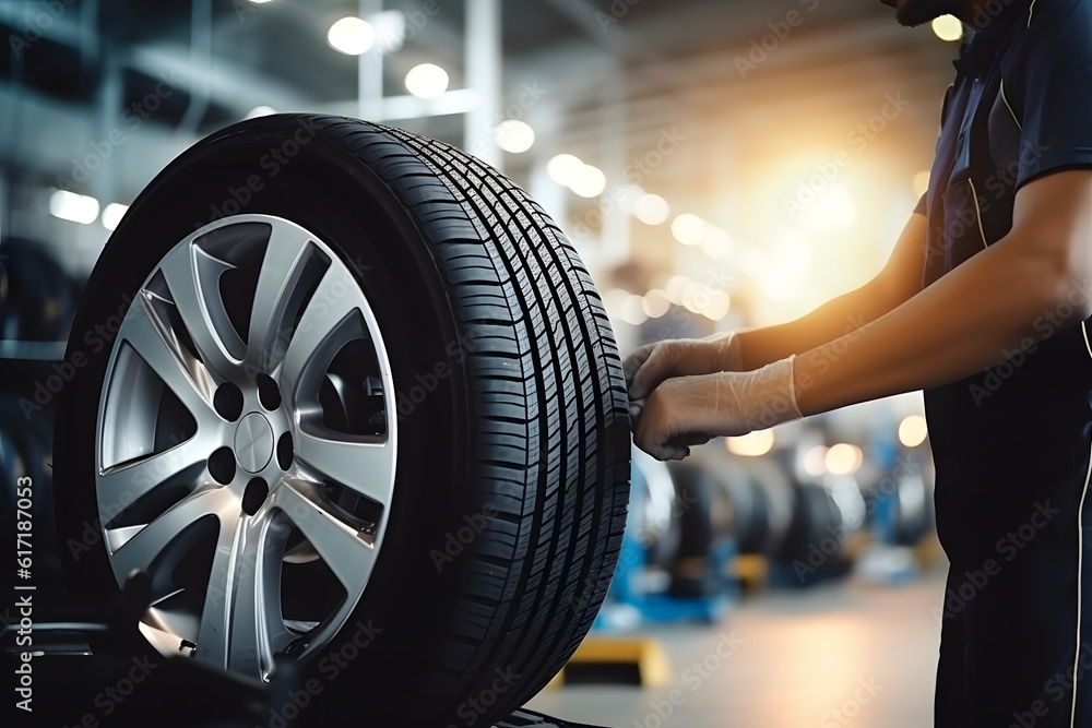 tire at repairing service garage background. Technician man replacing ...