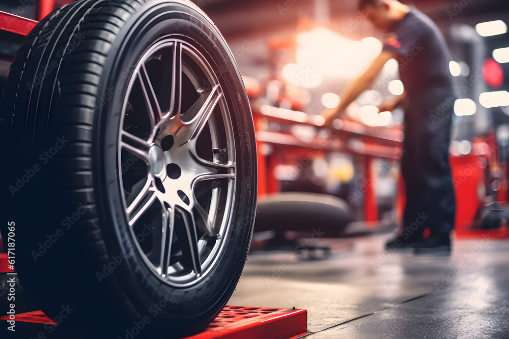 tire at repairing service garage background. Technician man replacing ...