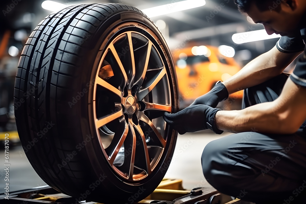 tire at repairing service garage background. Technician man replacing ...