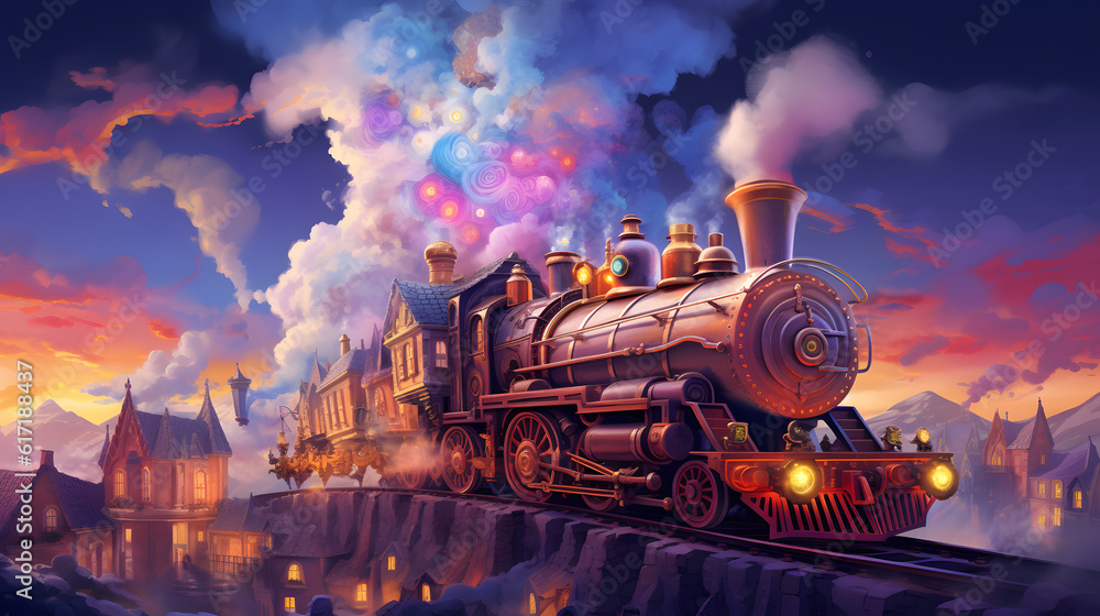 whimsical sight of a flying steam-powered locomotive soaring above a ...