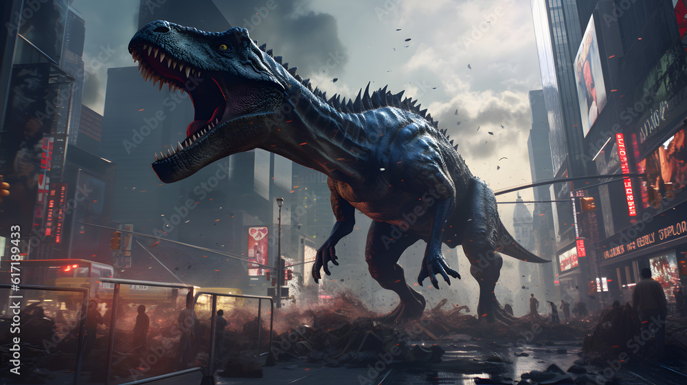 time-traveling dinosaurs exploring a modern city Stock Illustration ...