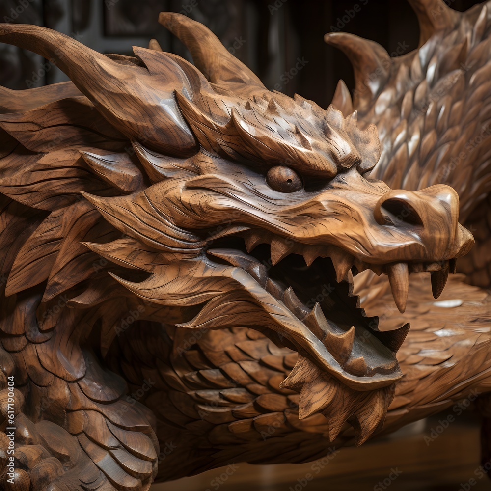 Traditional-style Japanese Dragon Carved from wood, the photo depicts ...