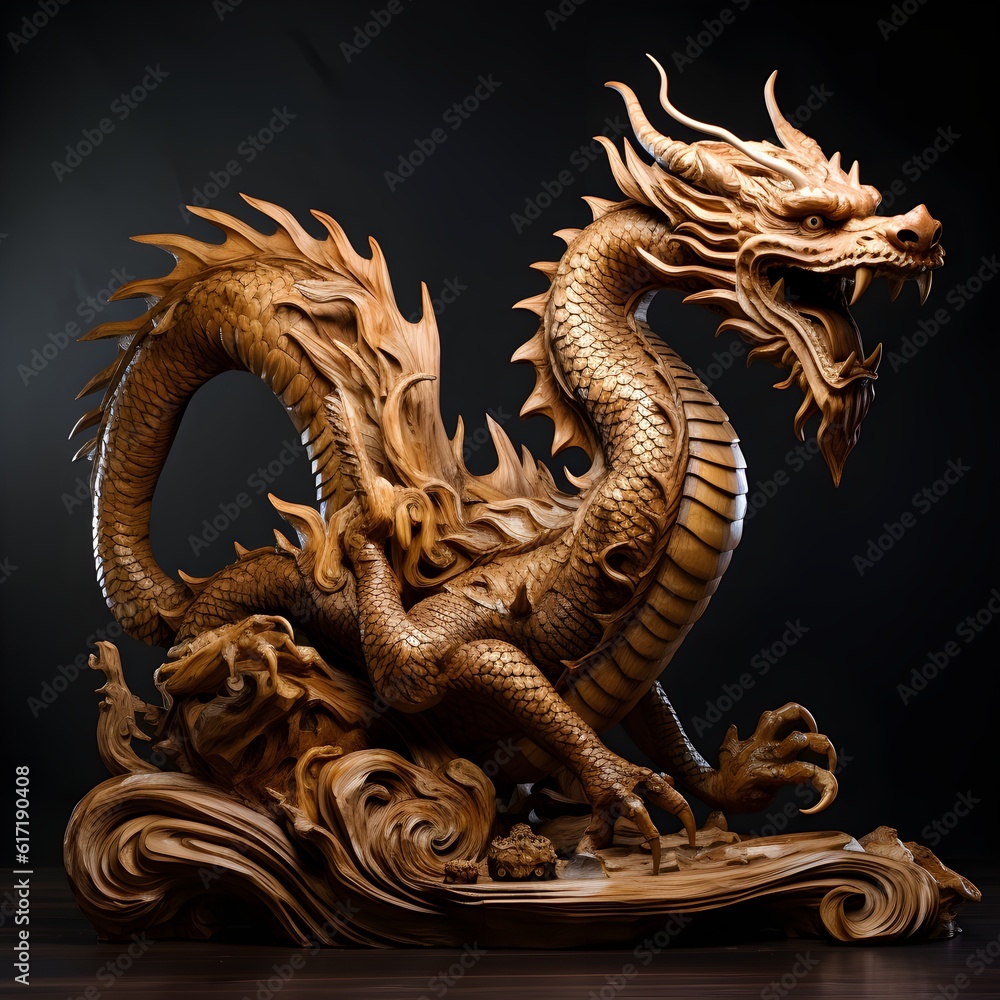 Traditional-style Japanese Dragon Carved from wood, the photo depicts ...