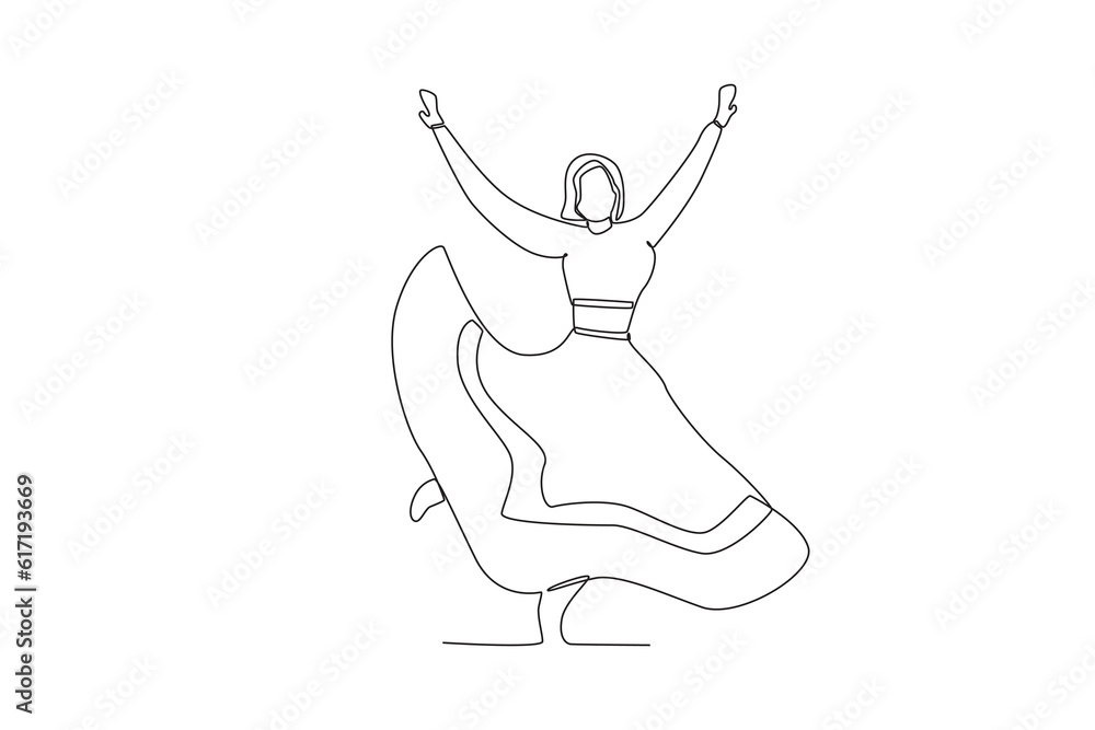A beautiful woman dancing at a Teej festival. Teej one-line drawing ...
