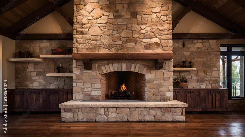 Front view of a natural stone wall in a house with the fireplace in ...