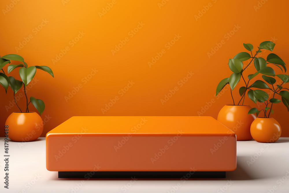 Empty orange cube podium product background 3d display platform stage ...