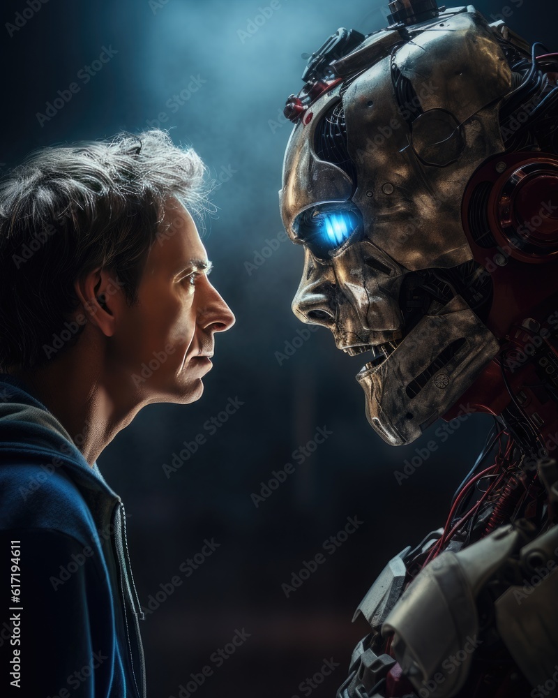 AI vs. Human: A Captivating Stare Down in Dramatic Light. Robot and ...