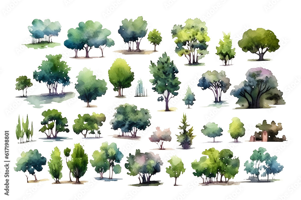 set of different watercolor trees on white background, isolated ...