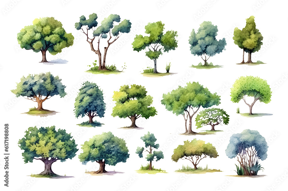 set of different watercolor trees on white background, isolated ...