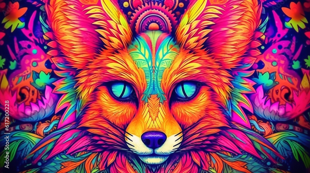Psychedelic trippy fox cartoon 70s, rave style, acid color. Retrowave ...