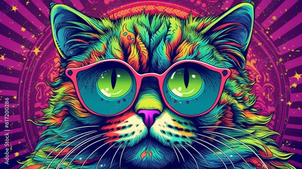 Psychedelic trippy cat cartoon 70s, rave style, acid color. Retrowave ...