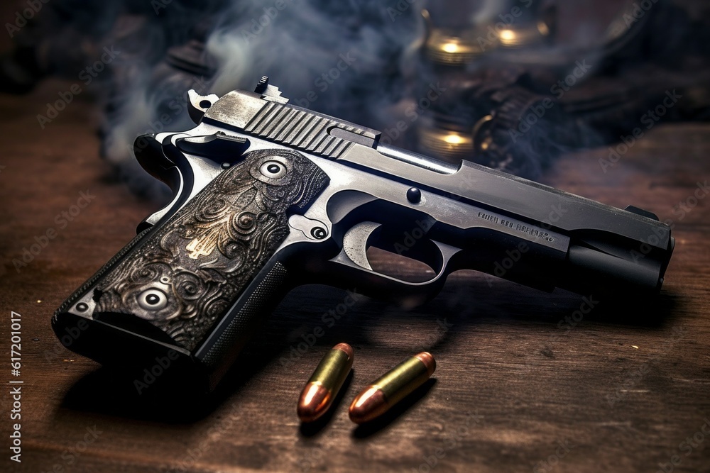 The gun is on the table. Background with selective focus. AI generated ...