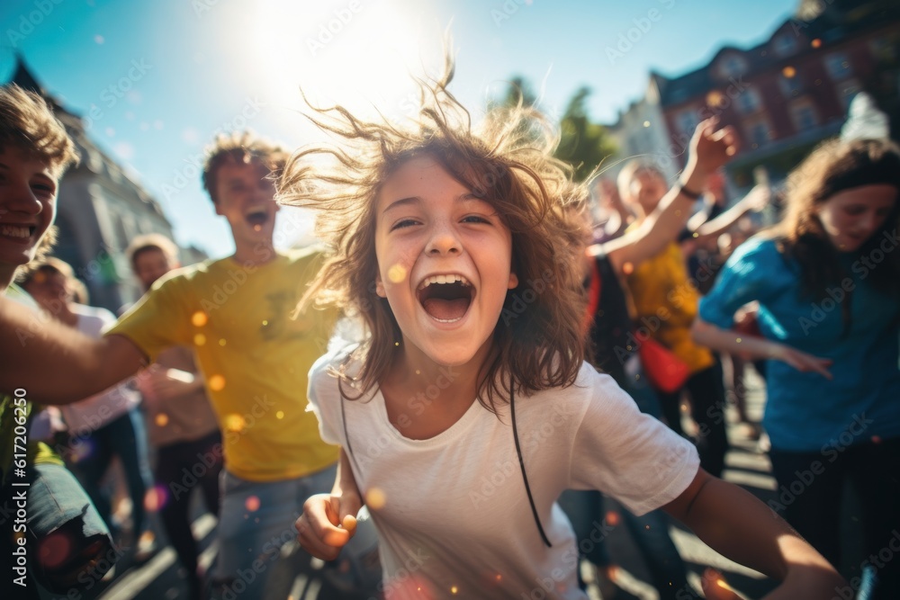 crowded group of young people dancing cheering and celebrating on a ...