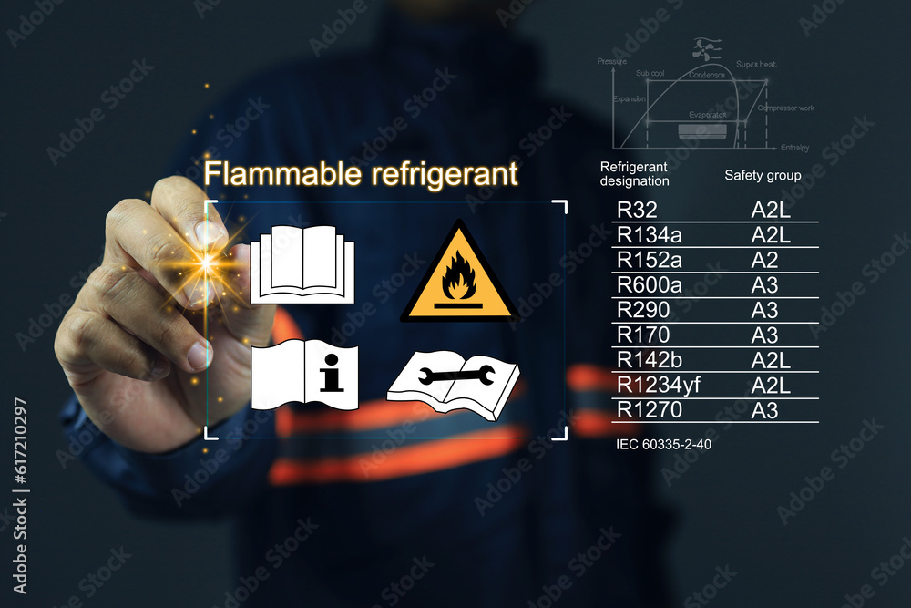 Engineer pointing on warning sign flammable refrigerant service ...