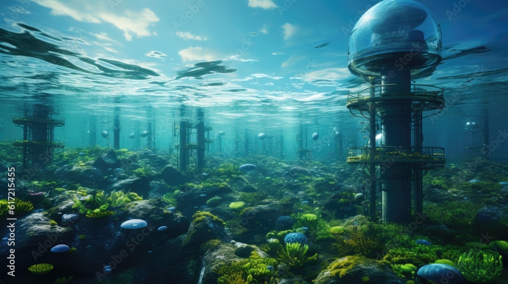 Tidal energy farm with turbines resembling underwater plants. Created ...