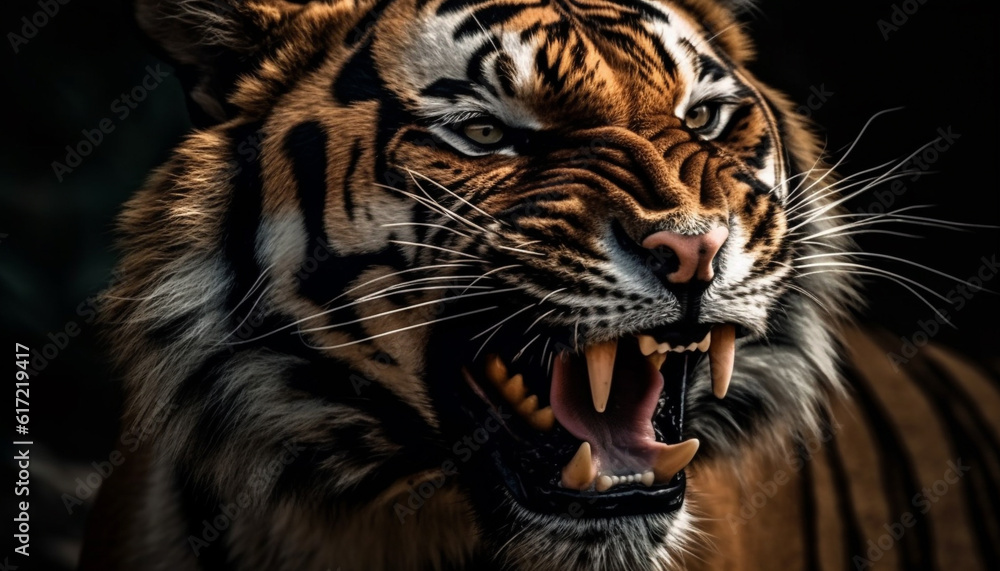 Majestic Bengal tiger snarling with aggression in tropical rainforest ...