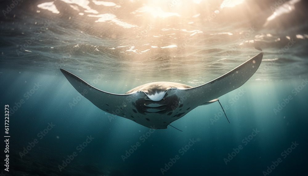 Majestic manta ray swimming in deep blue sea, surrounded by aquatic ...