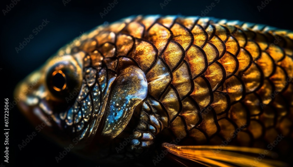Golden dragon fish scales shimmer in underwater beauty of nature ...