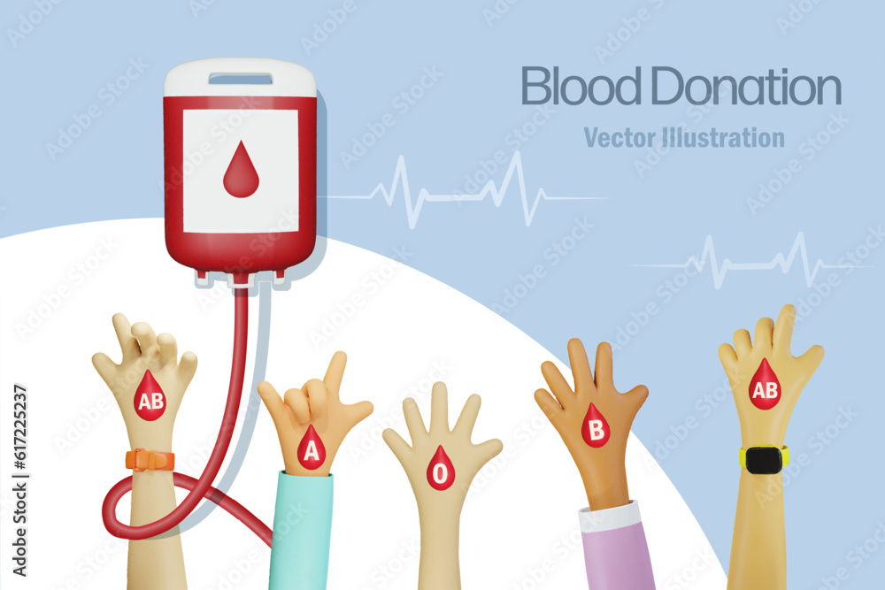 Blood donation, World blood donor day. Raising hands with blood type ...